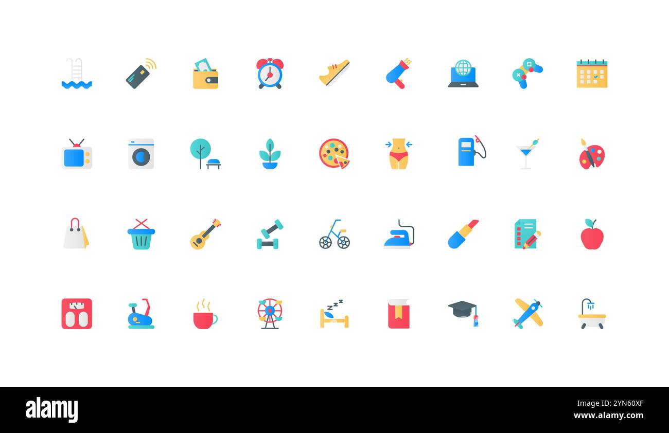 Daily routine, everyday life schedule and lifestyle color icon set ...