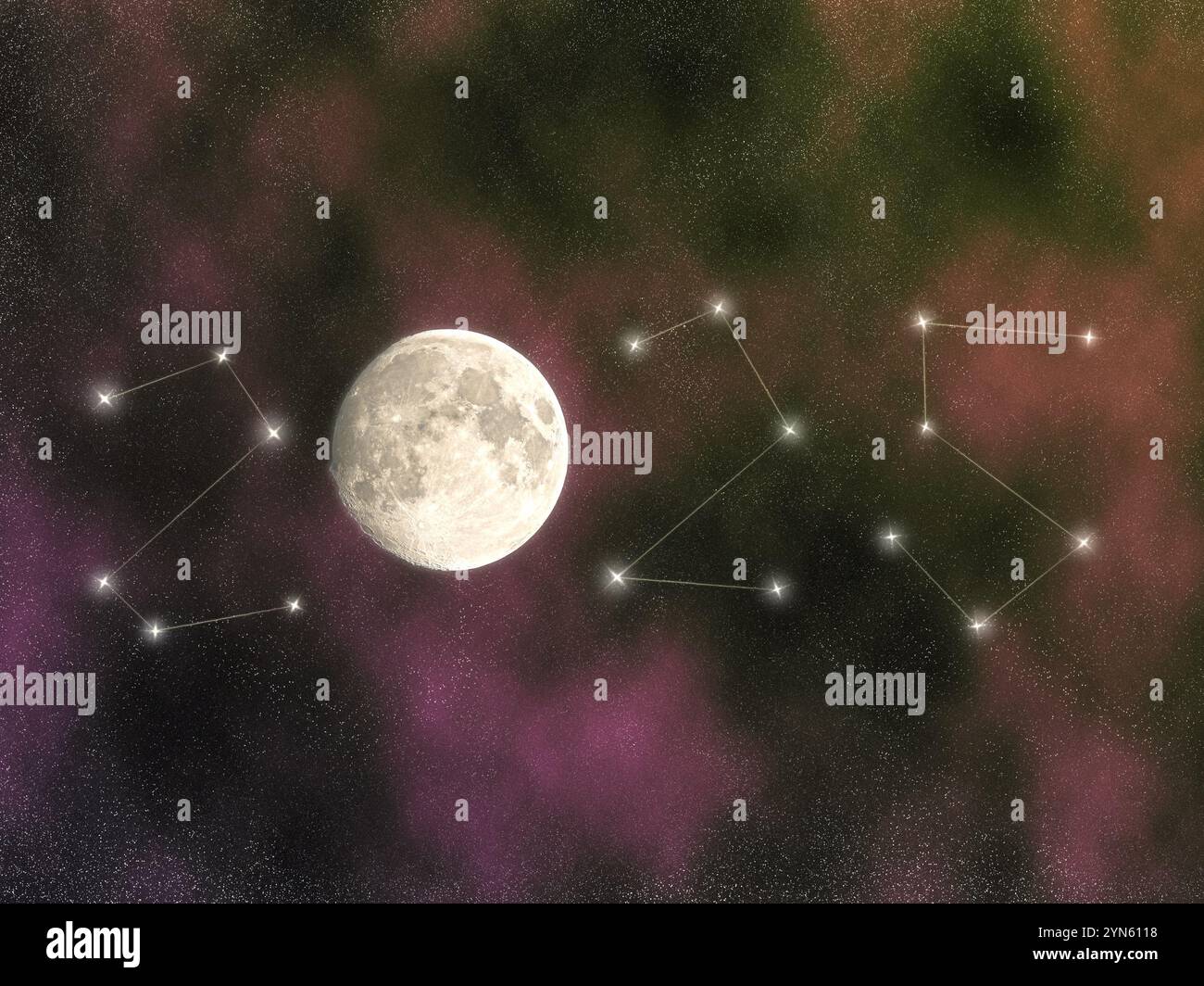 A full moon shines brightly as stars form the numbers 2025 in the night ...