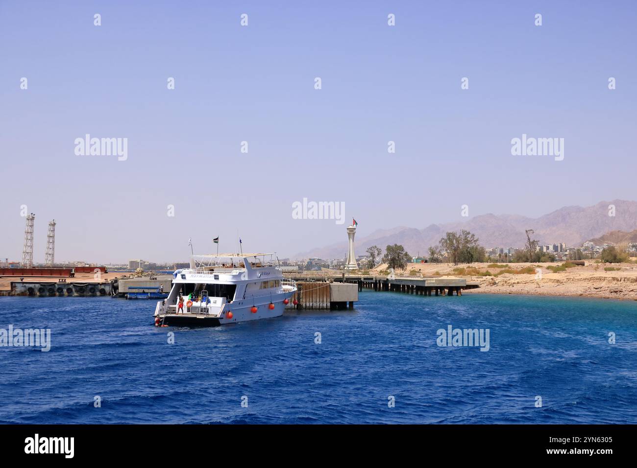 Aqaba in Jordan - May 17 2024: boats for snorkeling and diving in the ...