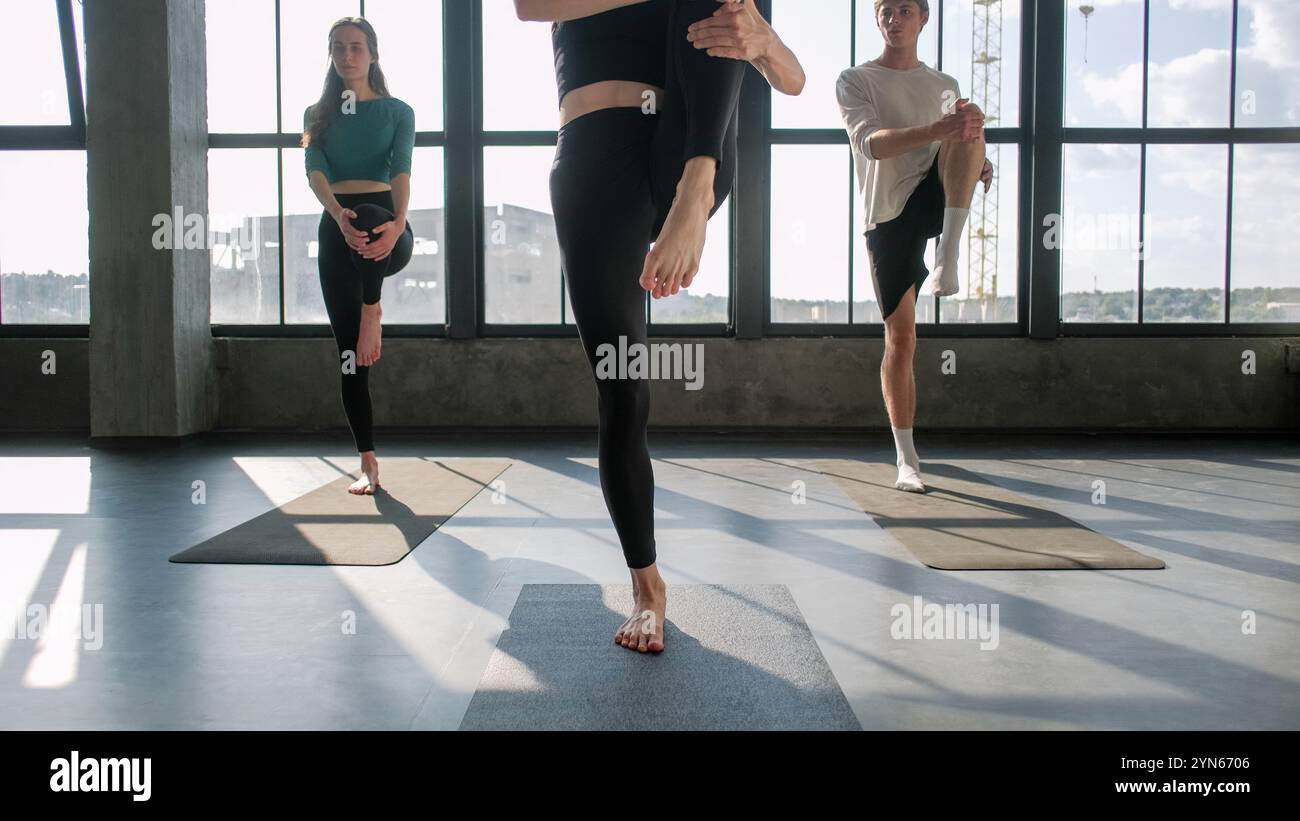 Yoga practice. Sport training. Group people with woman fitness ...