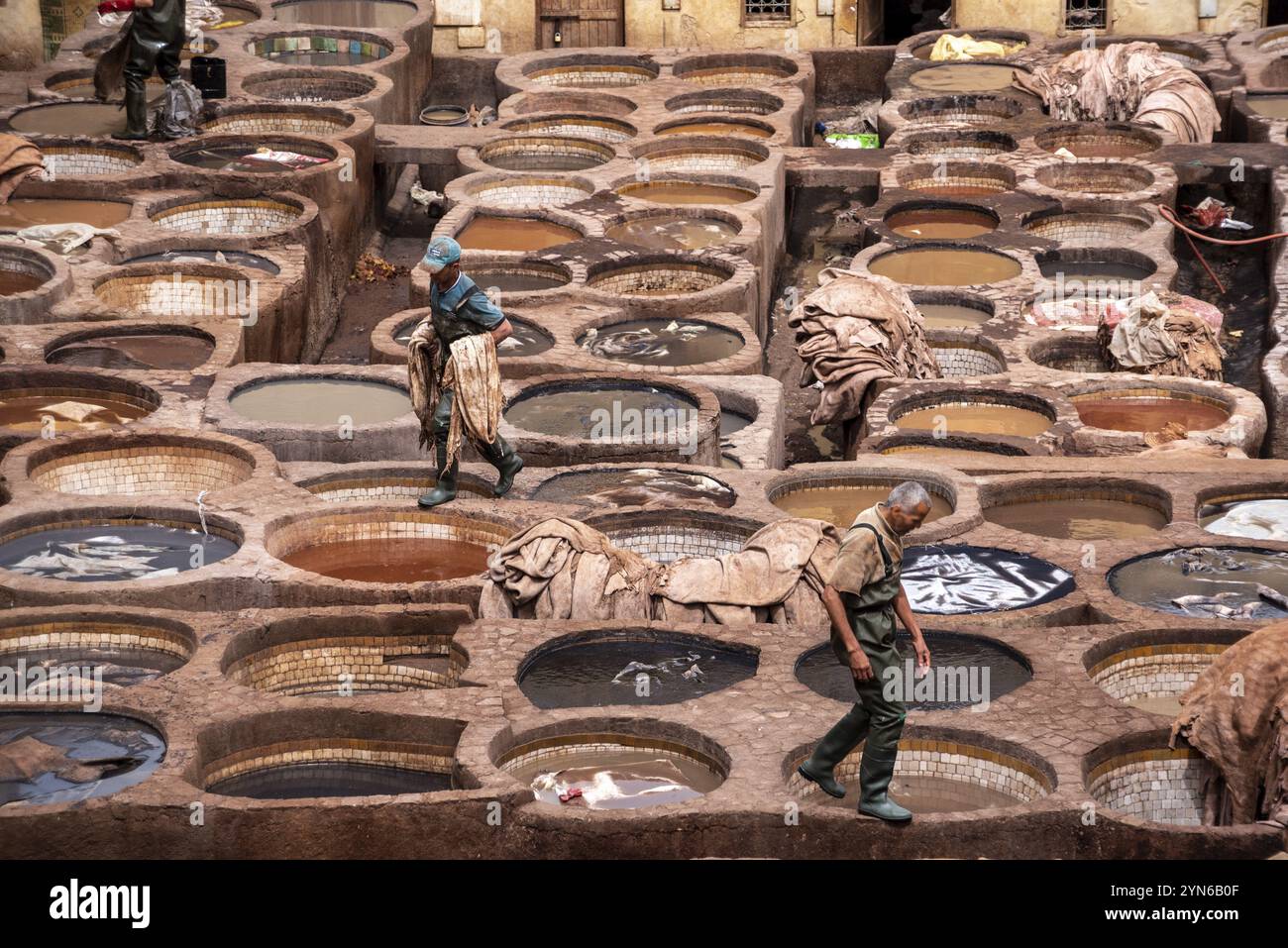 Famous tannery in the medina of Fes, where leather is being processed ...