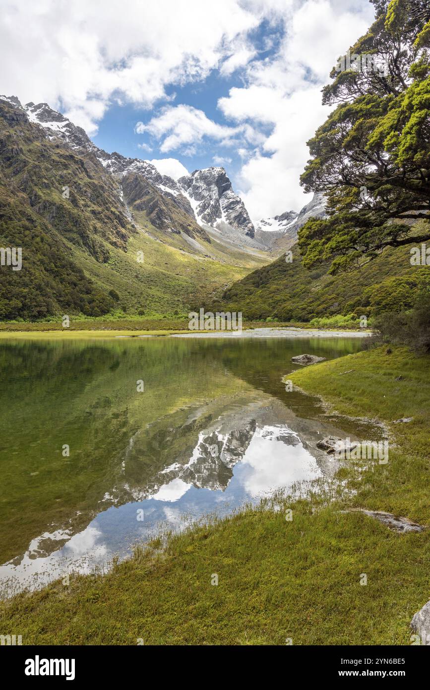 Tranquil mountain lake Mackenzie at the famous Routeburn Track ...