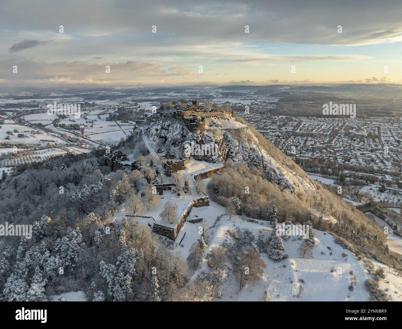 Aerial view of the snow-covered Hegau volcano Hohentwiel with Germany's ...