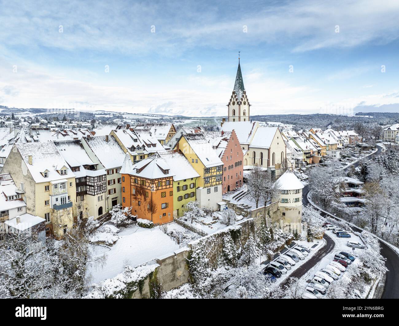 Aerial view of the snow-covered town of Engen in Hegau on a winter ...
