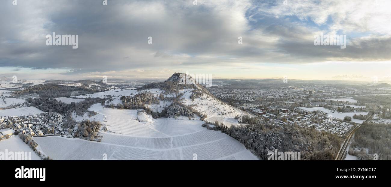 Aerial view, panorama of the snow-covered Hegau volcano Hohentwiel with ...