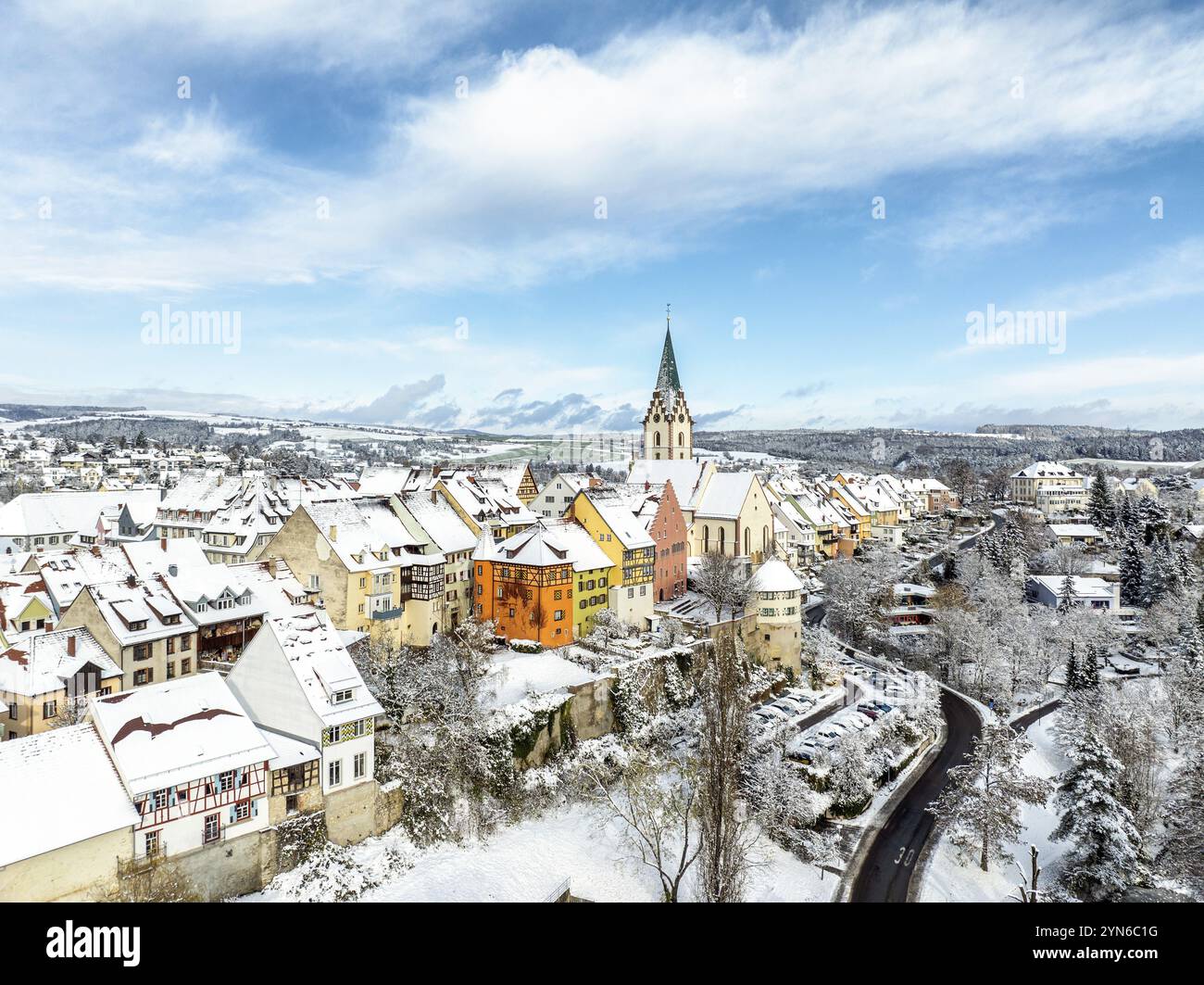 Aerial view of the snow-covered town of Engen in Hegau on a winter ...