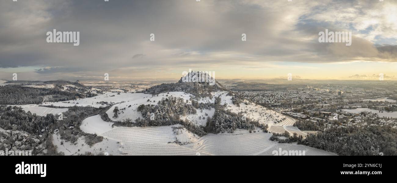 Aerial view, panorama of the snow-covered Hegau volcano Hohentwiel with ...