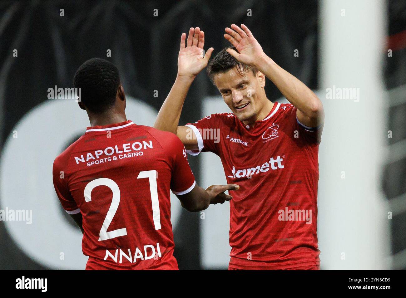 Waregem, Belgium. 24th Nov, 2024. Essevee's Jelle Vossen celebrates ...