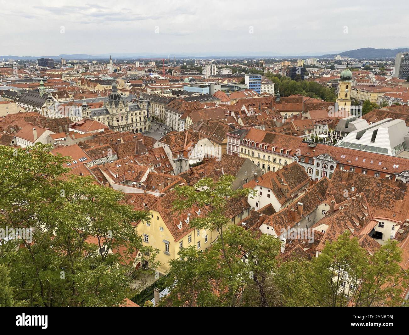 Scenic panoramic view of downtown Graz, seen from the Schlossberg ...