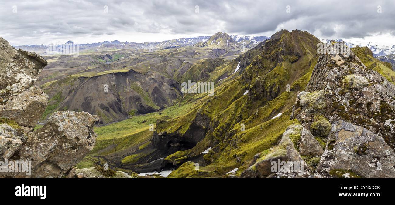 Panorama of magnificent Icelandic landscape arount Thorsmoerk in ...