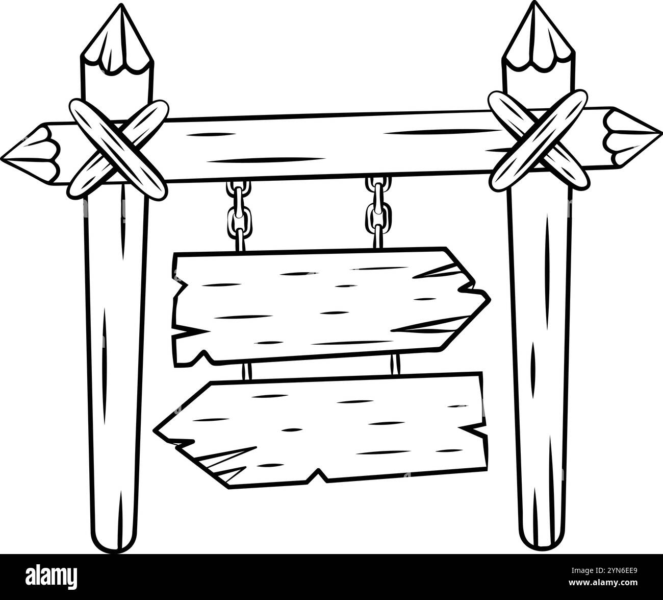 Wooden signpost with hanging signs and pencil shaped posts tied with ...