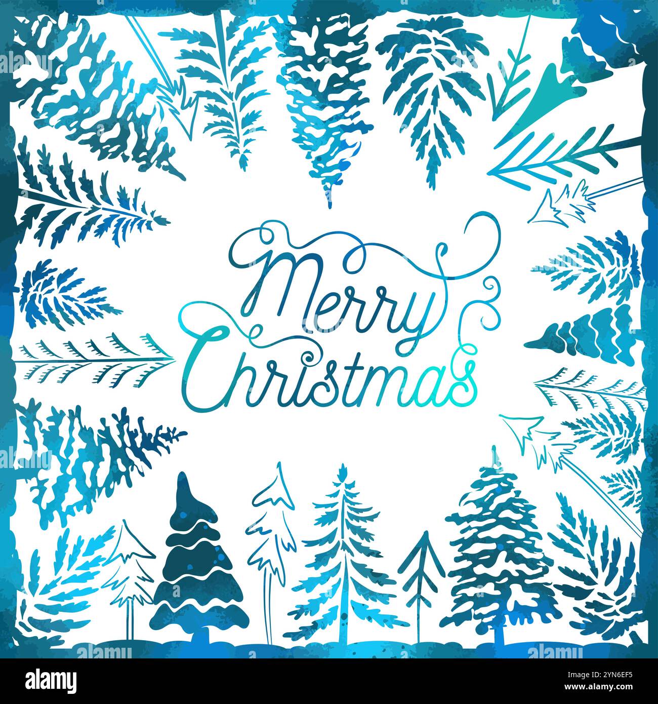Merry Christmas blue tree frame . Christmas greeting Card, hand drawing ...