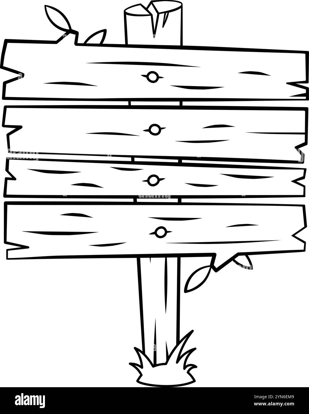 Cartoon drawing of an empty wooden signpost with four blank planks and ...