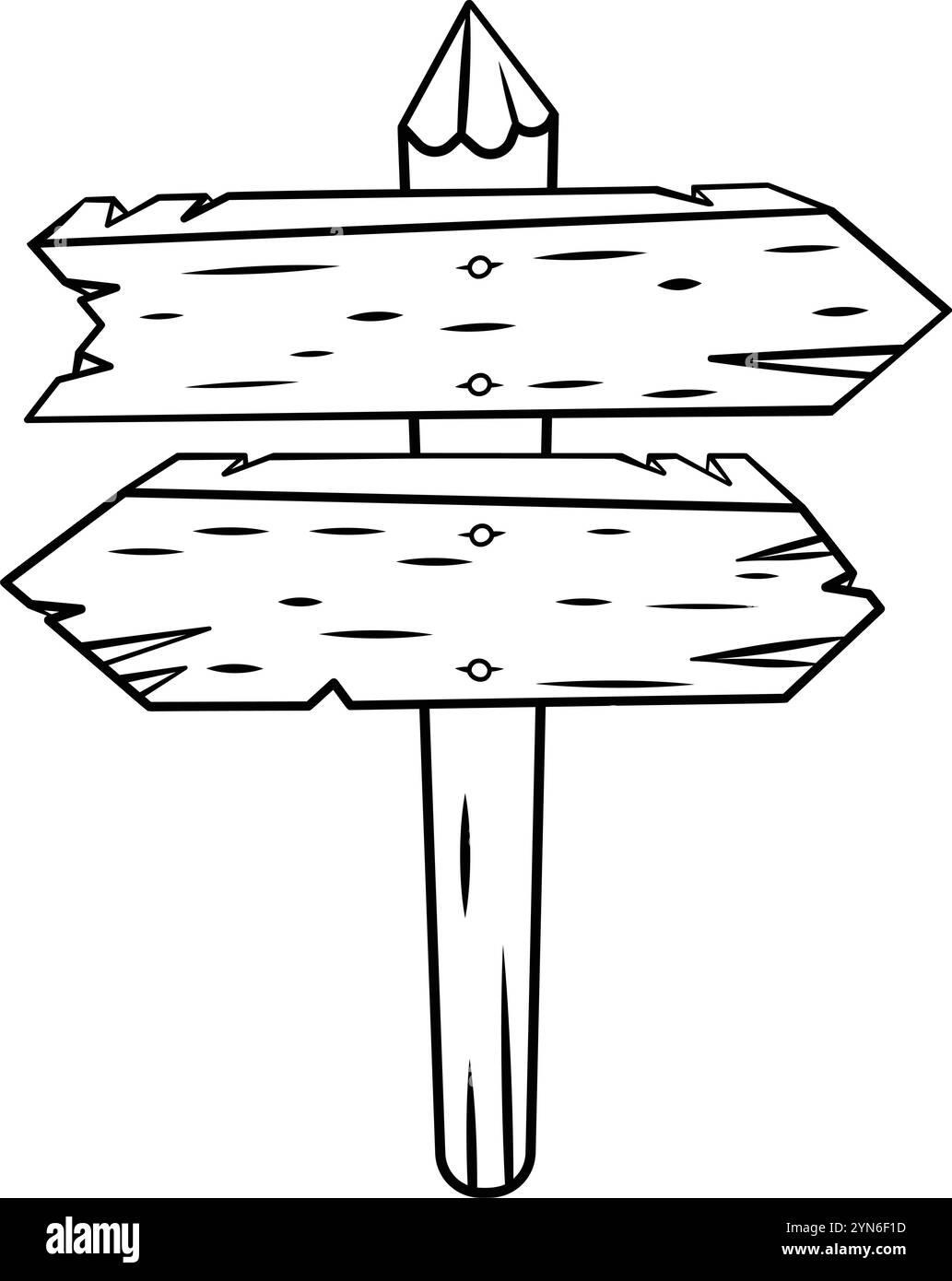 Two weathered wooden arrow signs pointing in opposite directions are ...