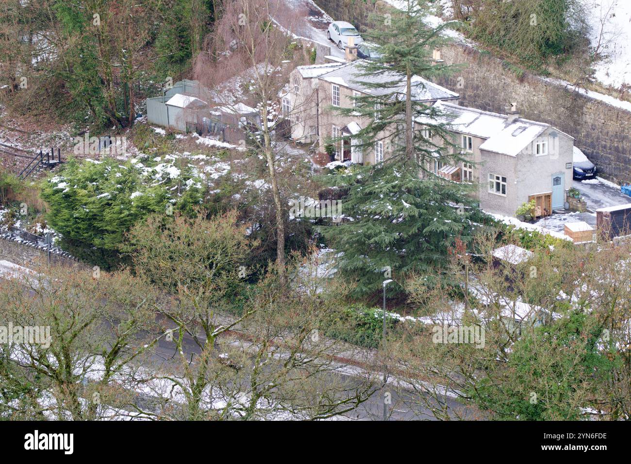 Looking down on snow covered house in Matlock, Derbyshire, UK Stock ...