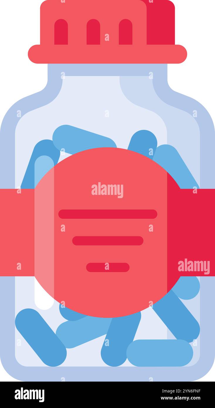 Transparent glass medicine bottle containing blue capsules with a red ...