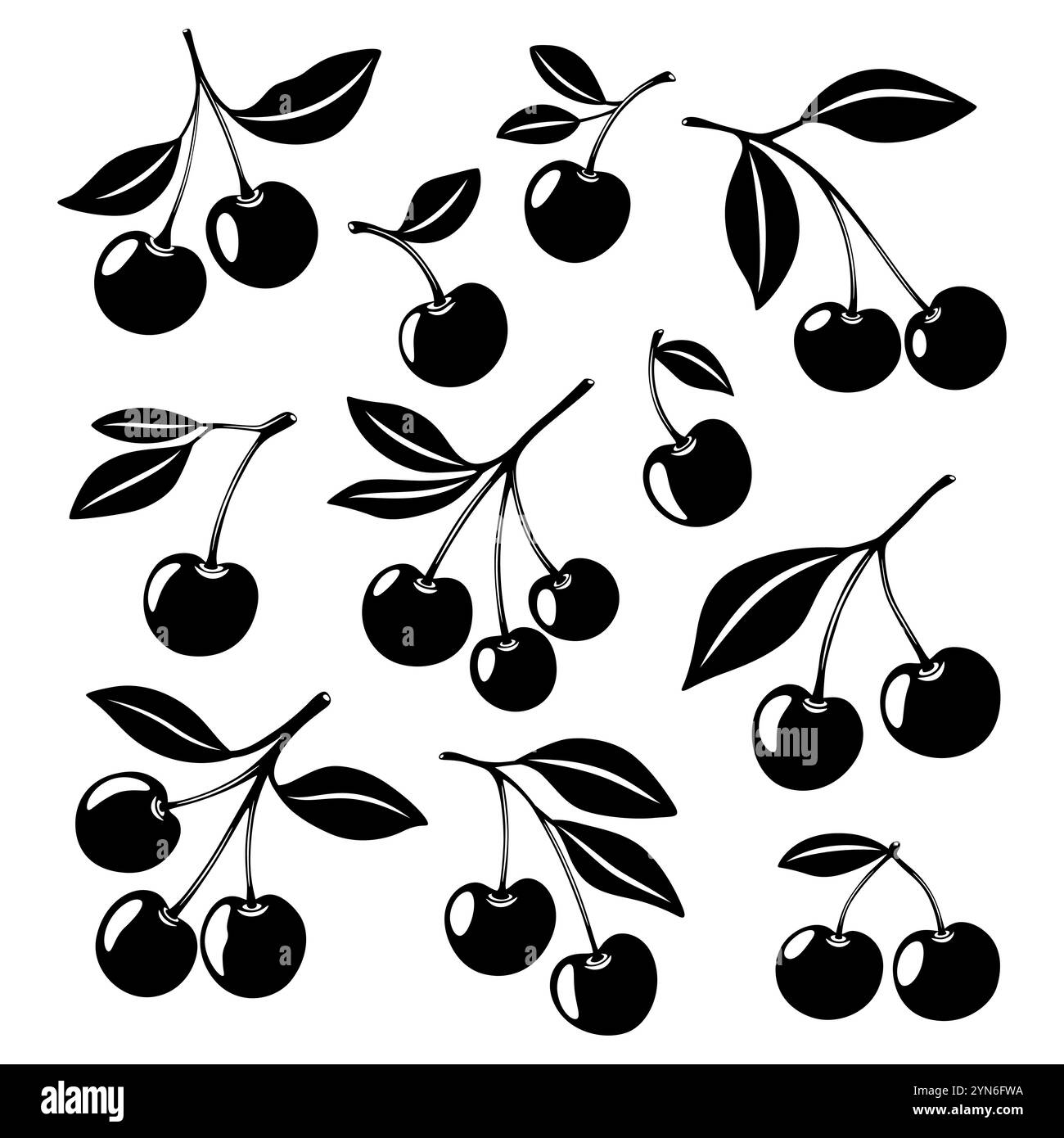 Cute Cartoon Silhouette Monochrome Cutout Cherry Icon Set. Single, Pair ...