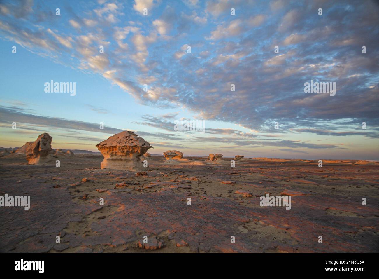 Sunset in the Libyan desert, white desert, limestone formations in the ...