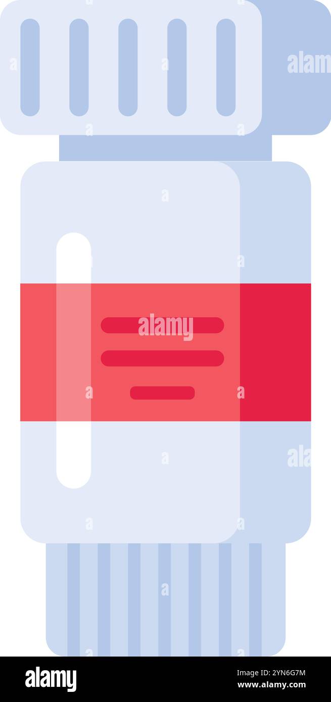 Medicine bottle with dosage instructions printed on a red label ...