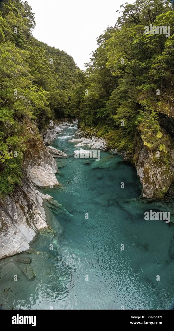 Colorful blue mountain river at the Haast pass, South Island of New ...