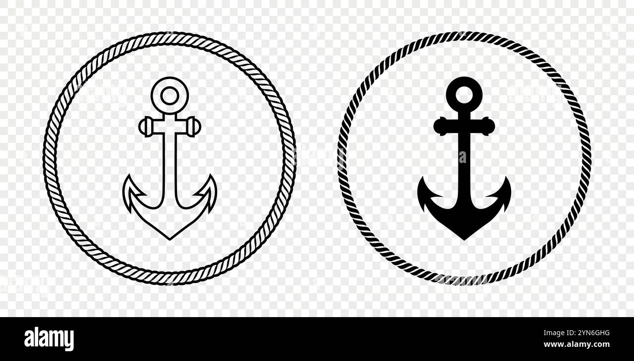 Anchor Icon Set. Flat Monochrome Anchor Shapes in Circular Rope Frame ...