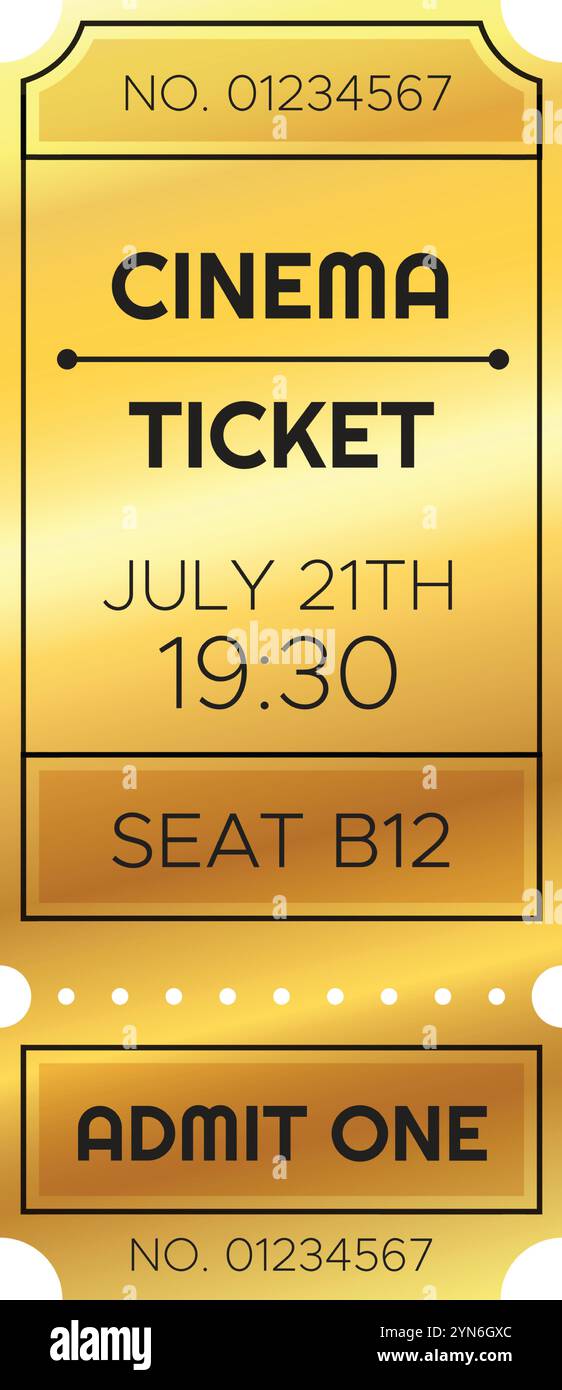 Golden cinema ticket for a movie showing on july 21th at 19,30, seat ...