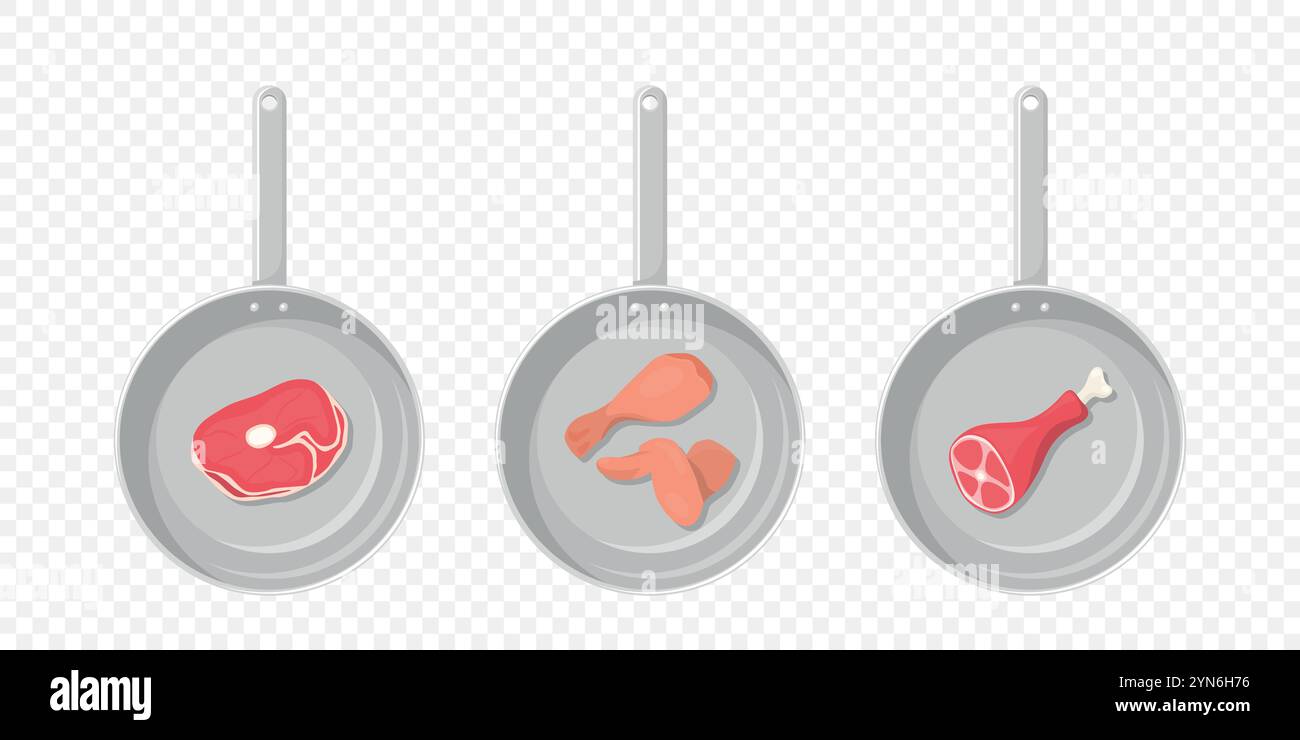 Flat Vector Top View Skillet With Steak, Chicken Leg And Wing, Meat ...