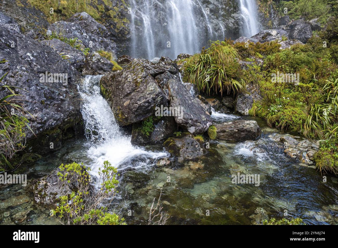 Earland Falls at the famous Routeburn Track, Fiordland National Park ...