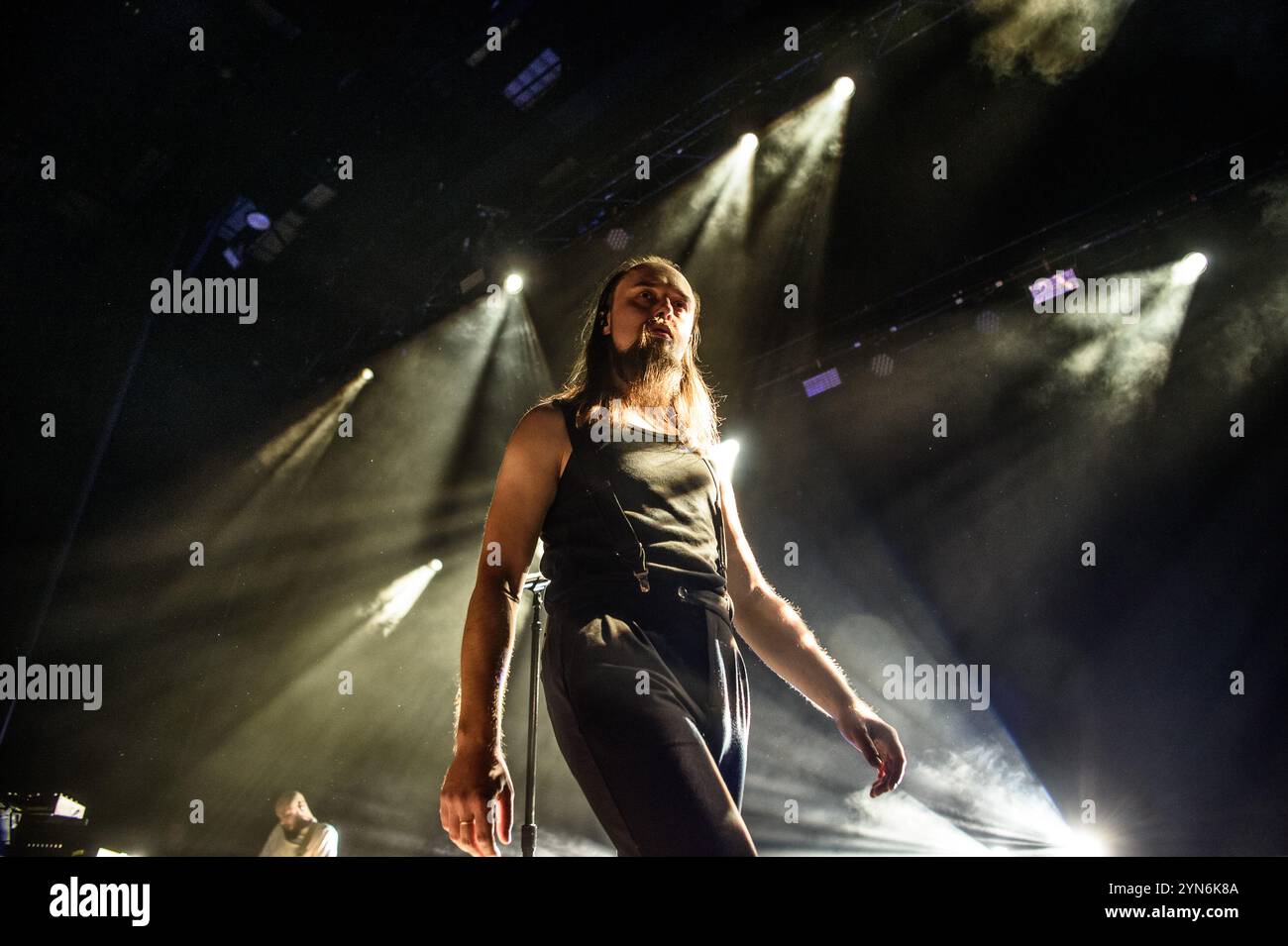 Egor Shkutko of the Belarusian band Molchat Doma performs live on stage ...