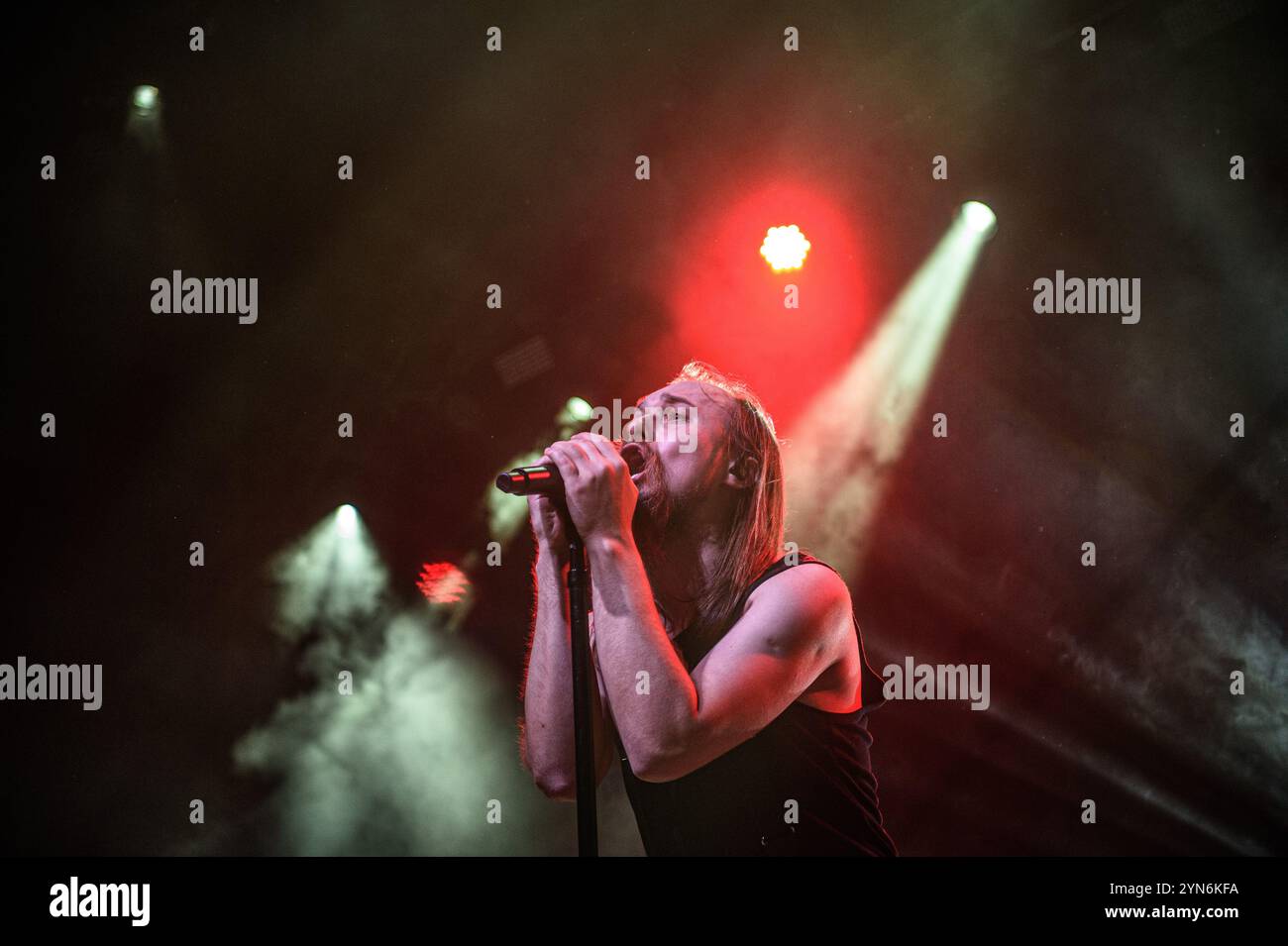 Egor Shkutko of the Belarusian band Molchat Doma performs live on stage ...