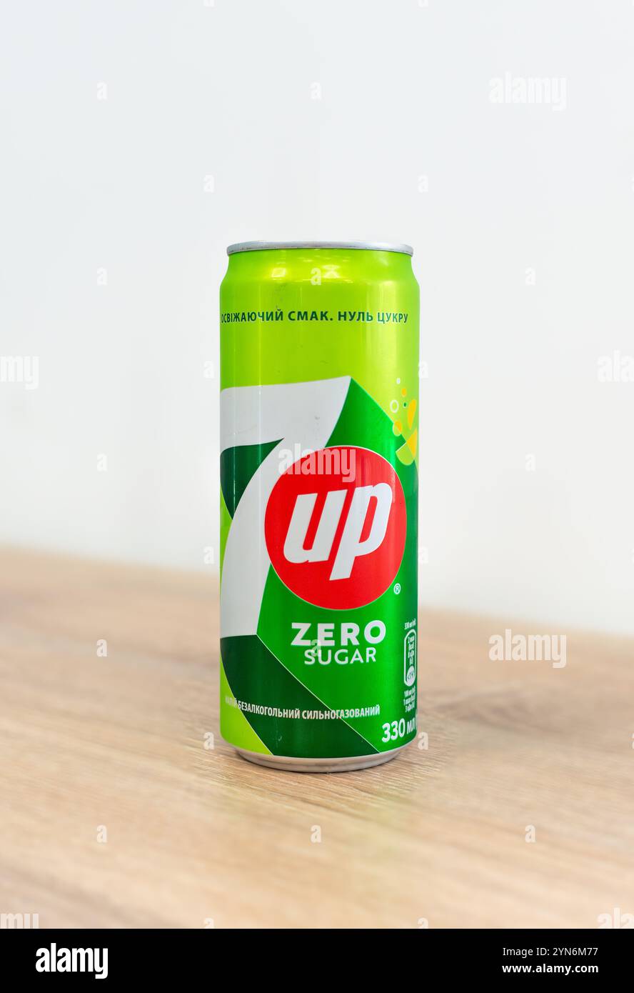 Kiev, Ukraine - November 23, 2024: Can 0,33l soft drink 7UP Zero Sugar ...