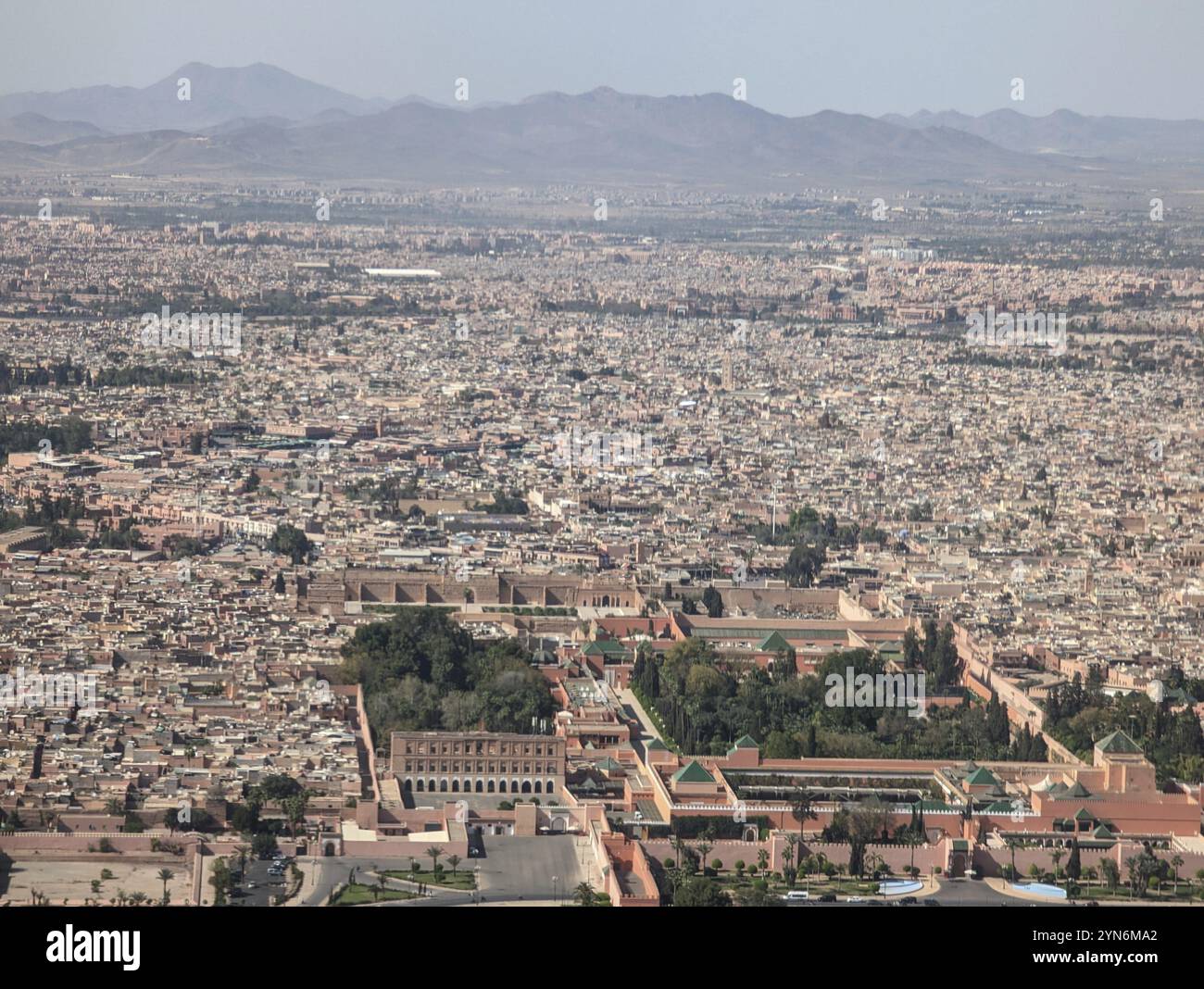Aerial view of the Moroccan landscape and Marrakesh seen from an ...