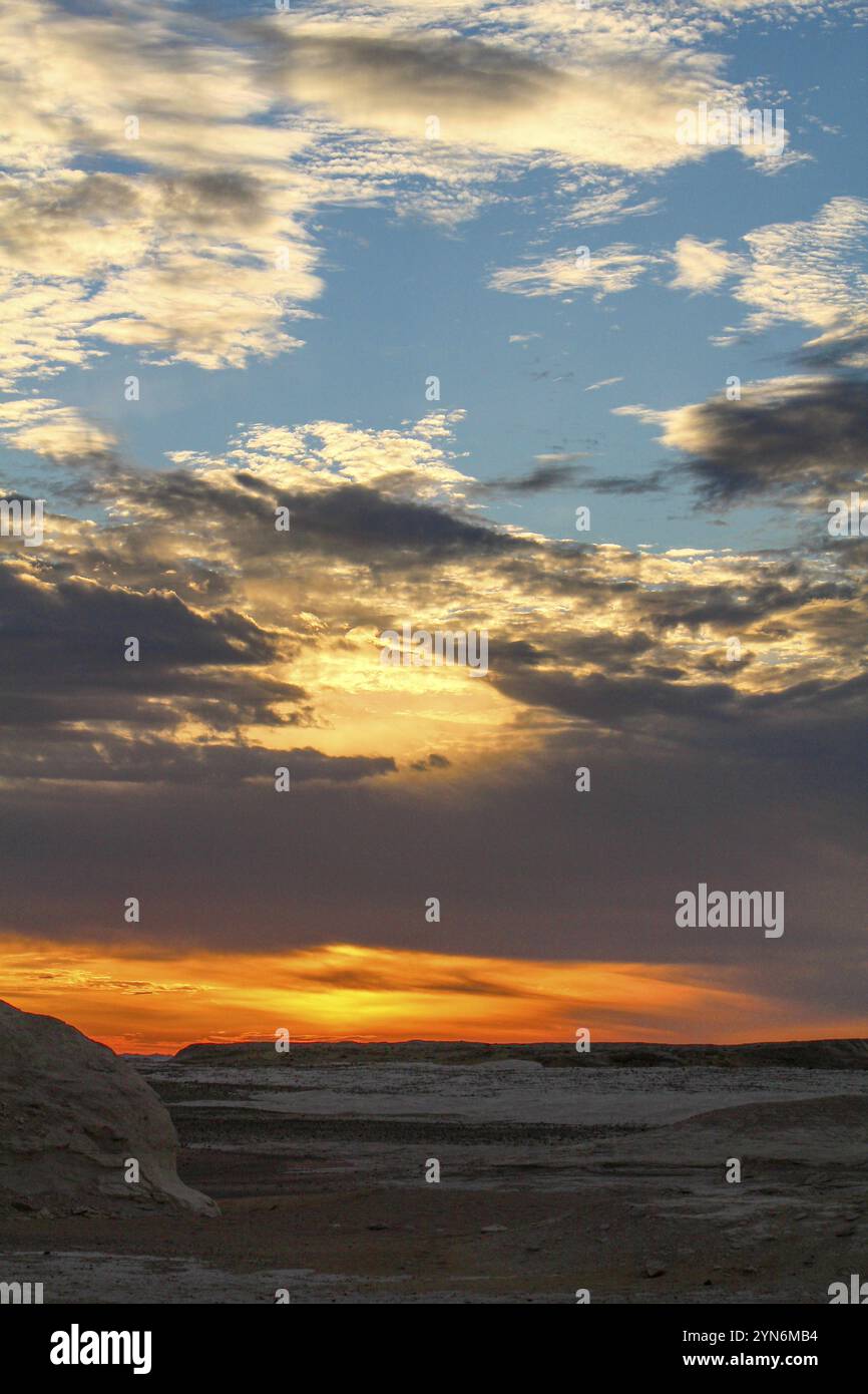 Sunset in the Libyan desert, white desert, limestone formations in the ...