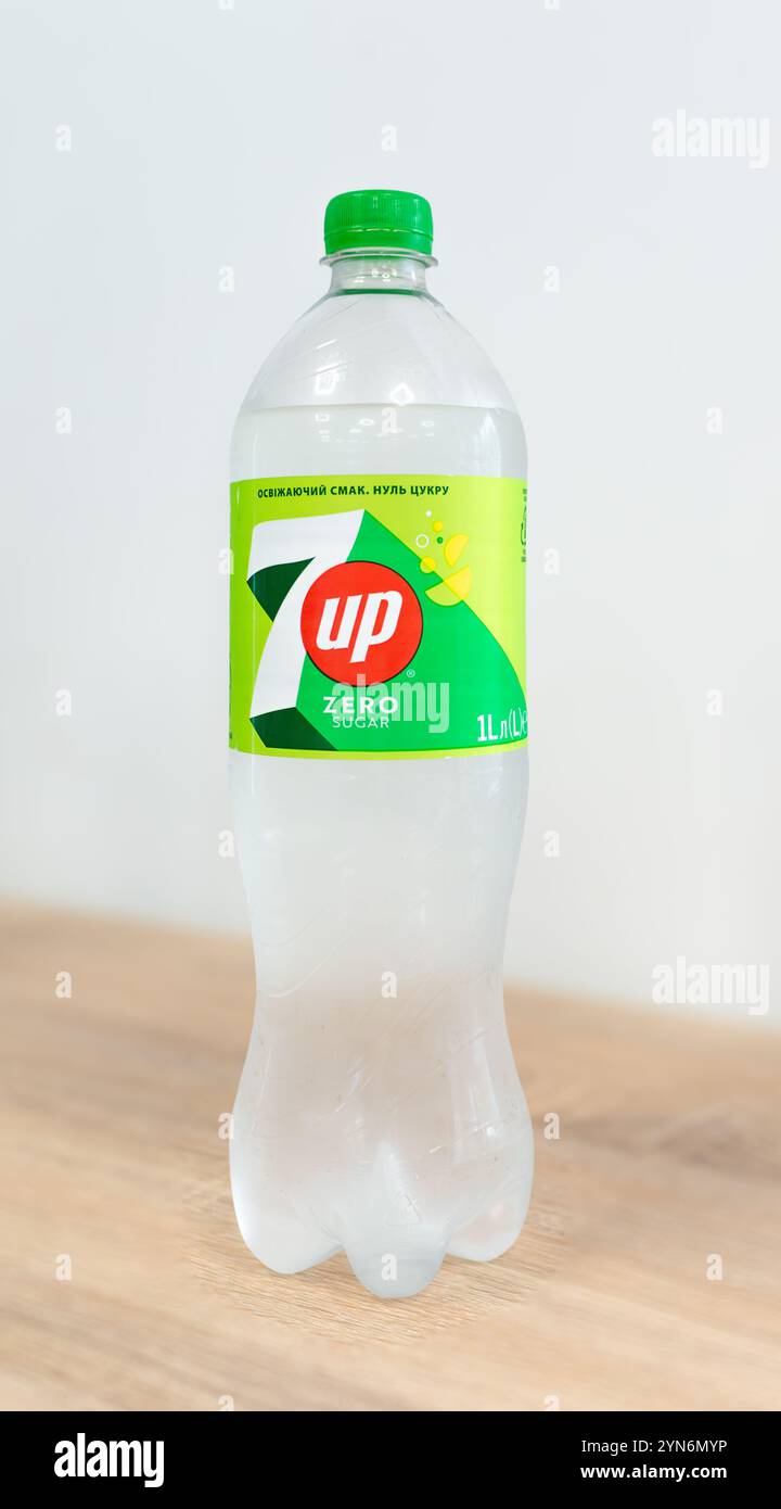 Kiev, Ukraine - November 23, 2024: Pet 1,0l soft drink 7UP Zero Sugar taste Pepsico production ...