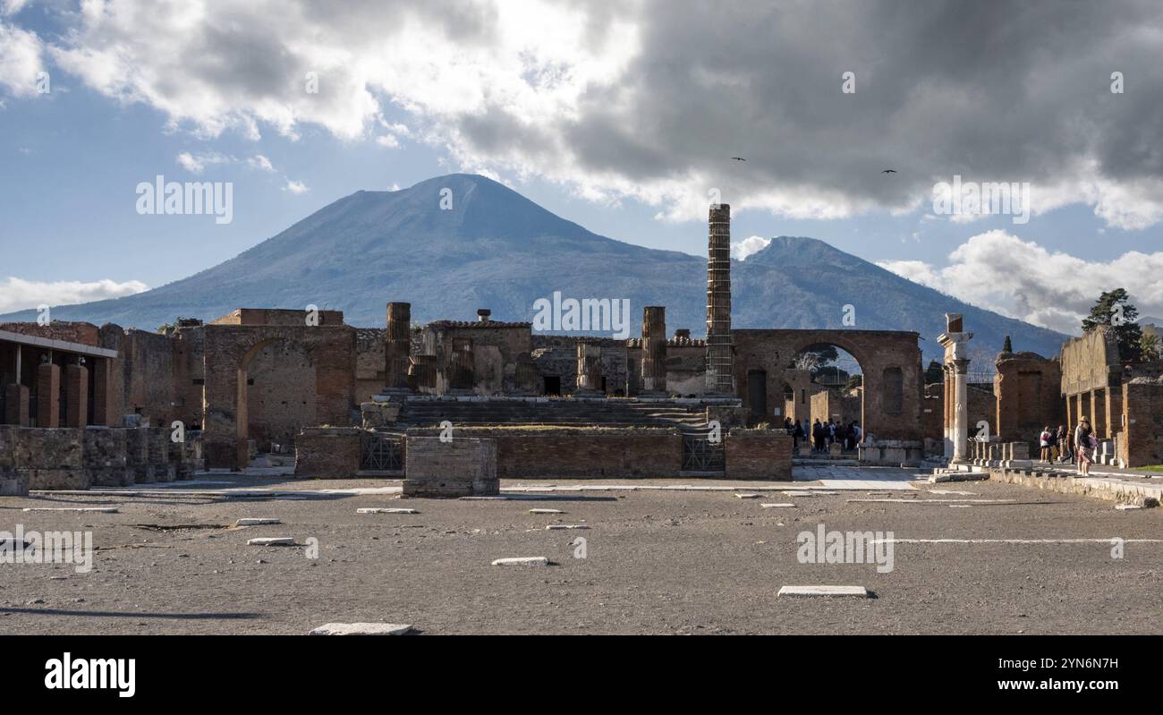 Iconic forum in the ancient city of Pompeii, Mount Vesuvius in the ...