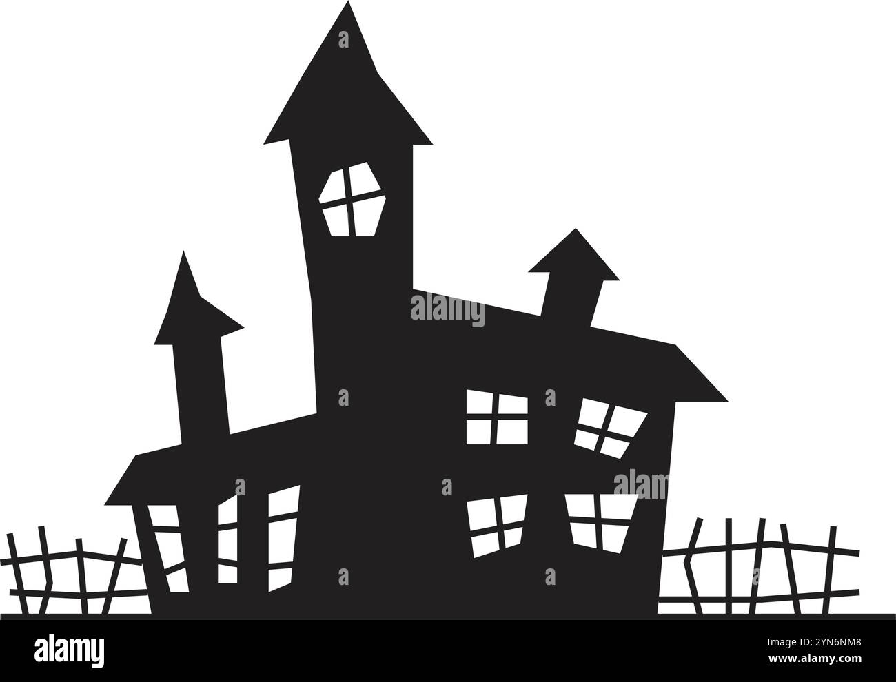 Black silhouette of a spooky haunted house with crooked fence and lit ...