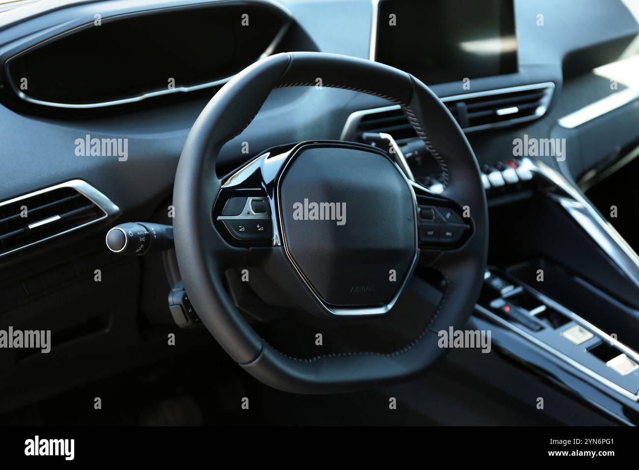 Steering wheel and dashboard inside of modern luxury car, closeup Stock ...