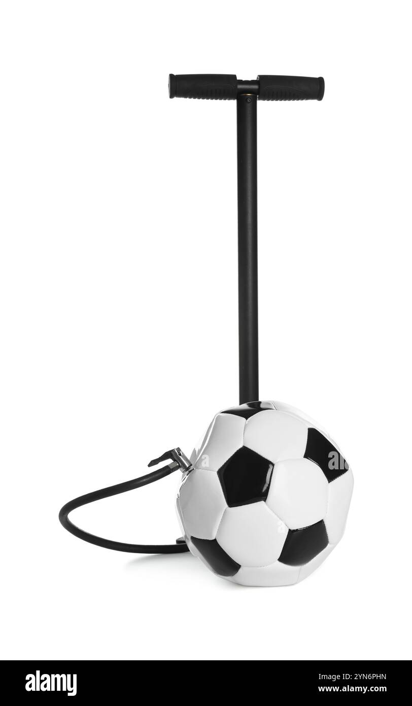 Deflated soccer ball and manual air pump isolated on white Stock Photo ...