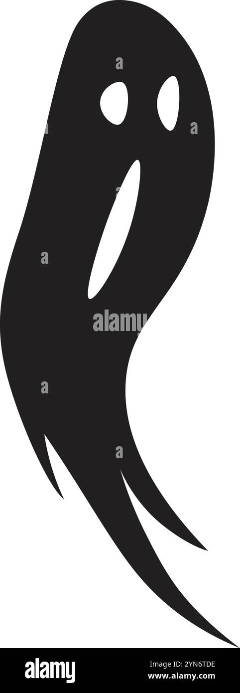 Minimalist vector illustration of a floating black ghost with oval eyes ...