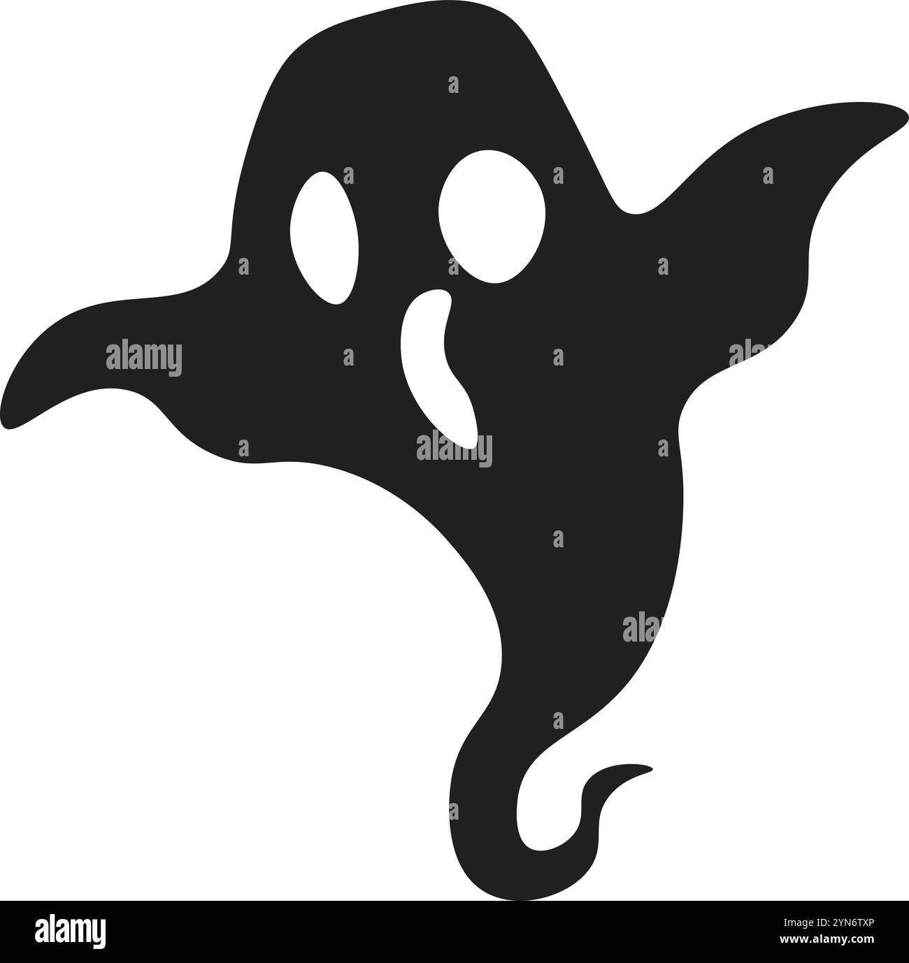 Spooky black ghost with round eyes and an open mouth is floating with ...