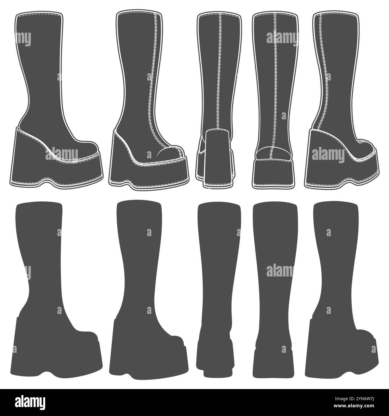 Set of black and white retro platform boots. Isolated vector objects on ...