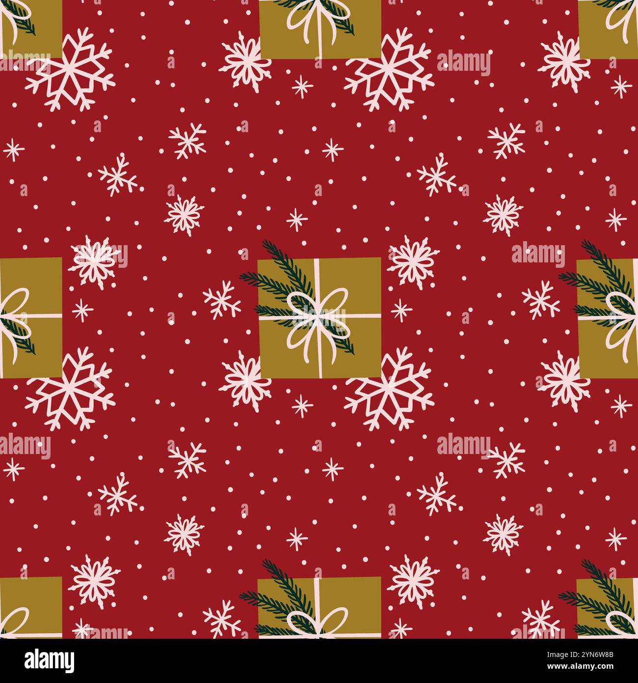Christmas Seamless Pattern in Gift Boxes and Fir Branches. Trendy Hand ...