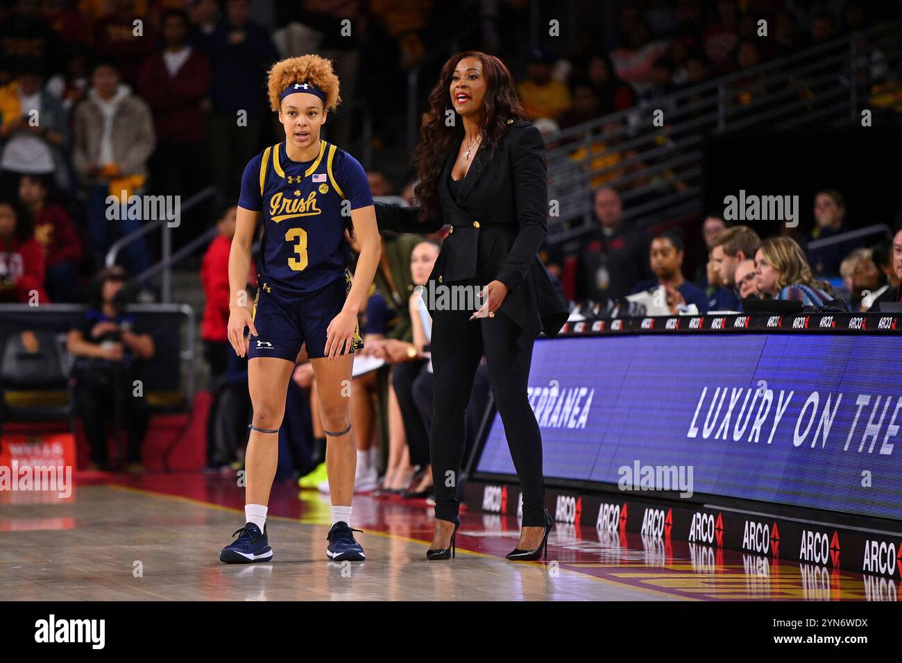 LOS ANGELES, CA - NOVEMBER 23: Notre Dame Fighting Irish guard Hannah Hidalgo (3) looks on with ...