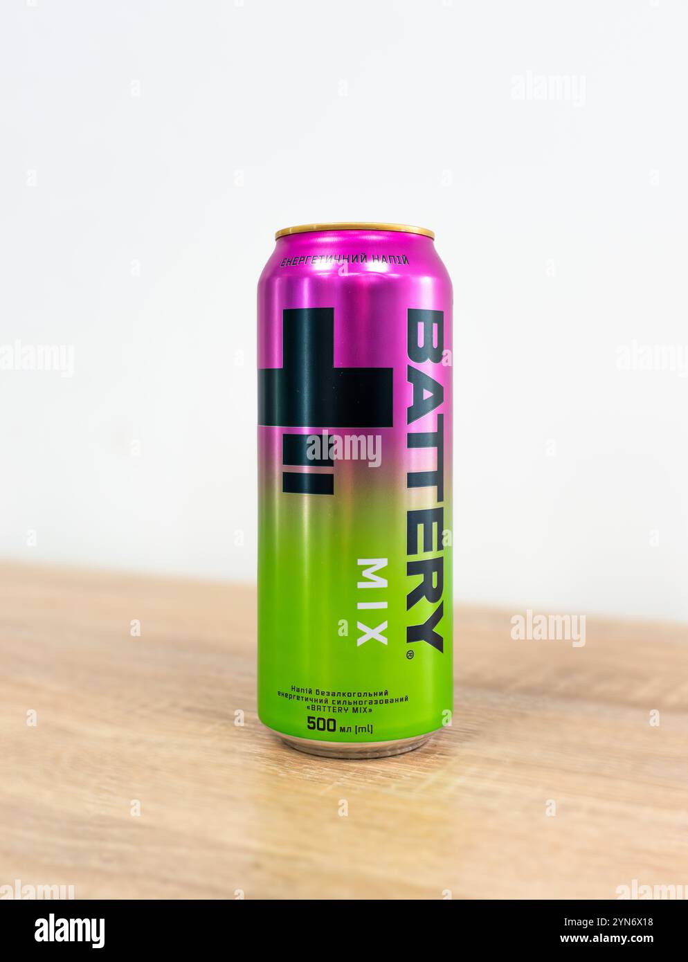 Kiev, Ukraine - November 23, 2024: Can Battery Mix energy drink on blur ...
