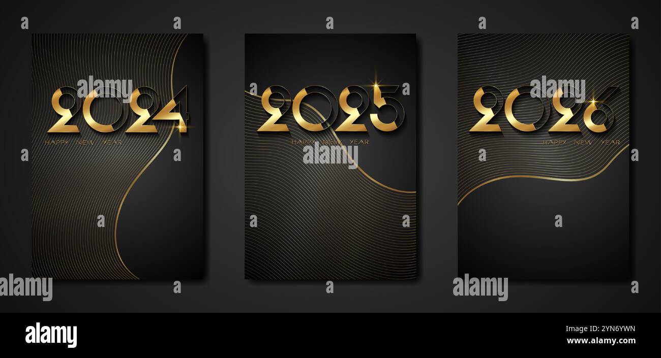 Set black card of New year 2024, 2025, 2026 in gold foil modern numbers ...