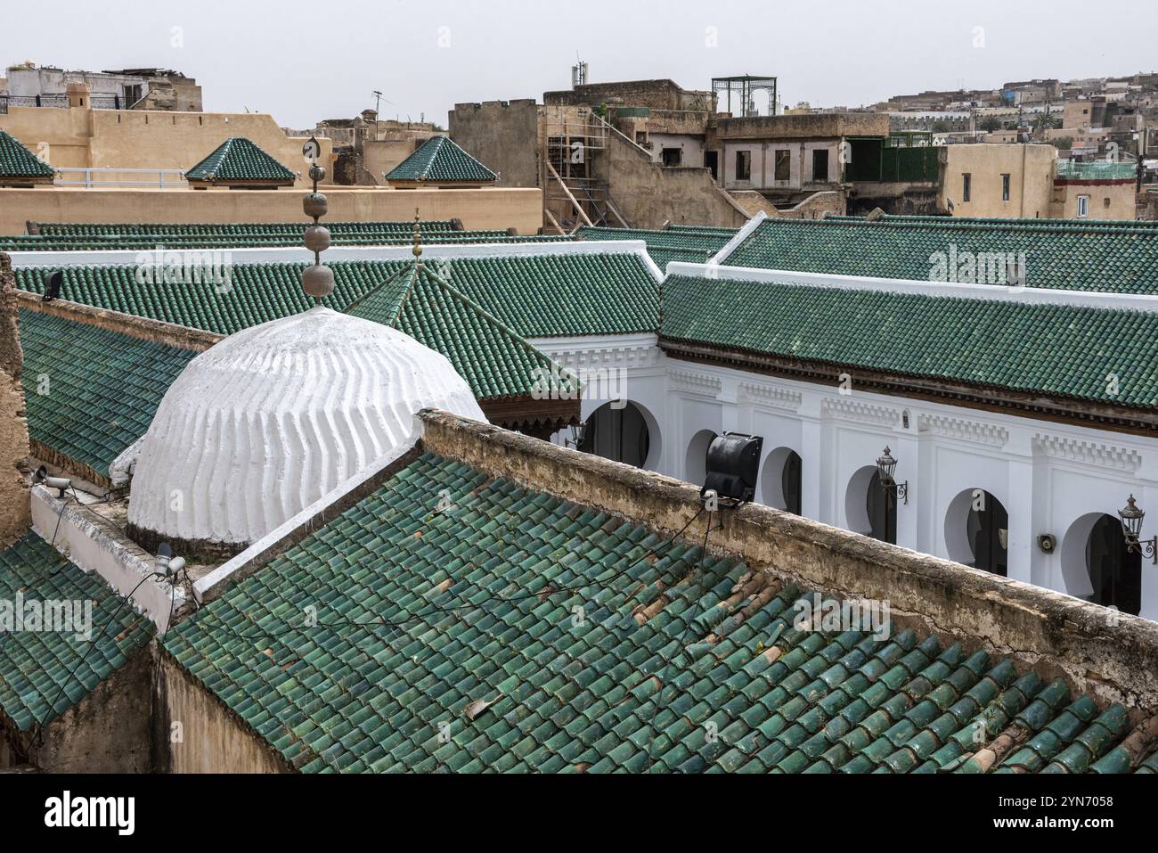 Beautiful green roof of the famous Al-Qarawiyin mosque in Fes, Morocco ...