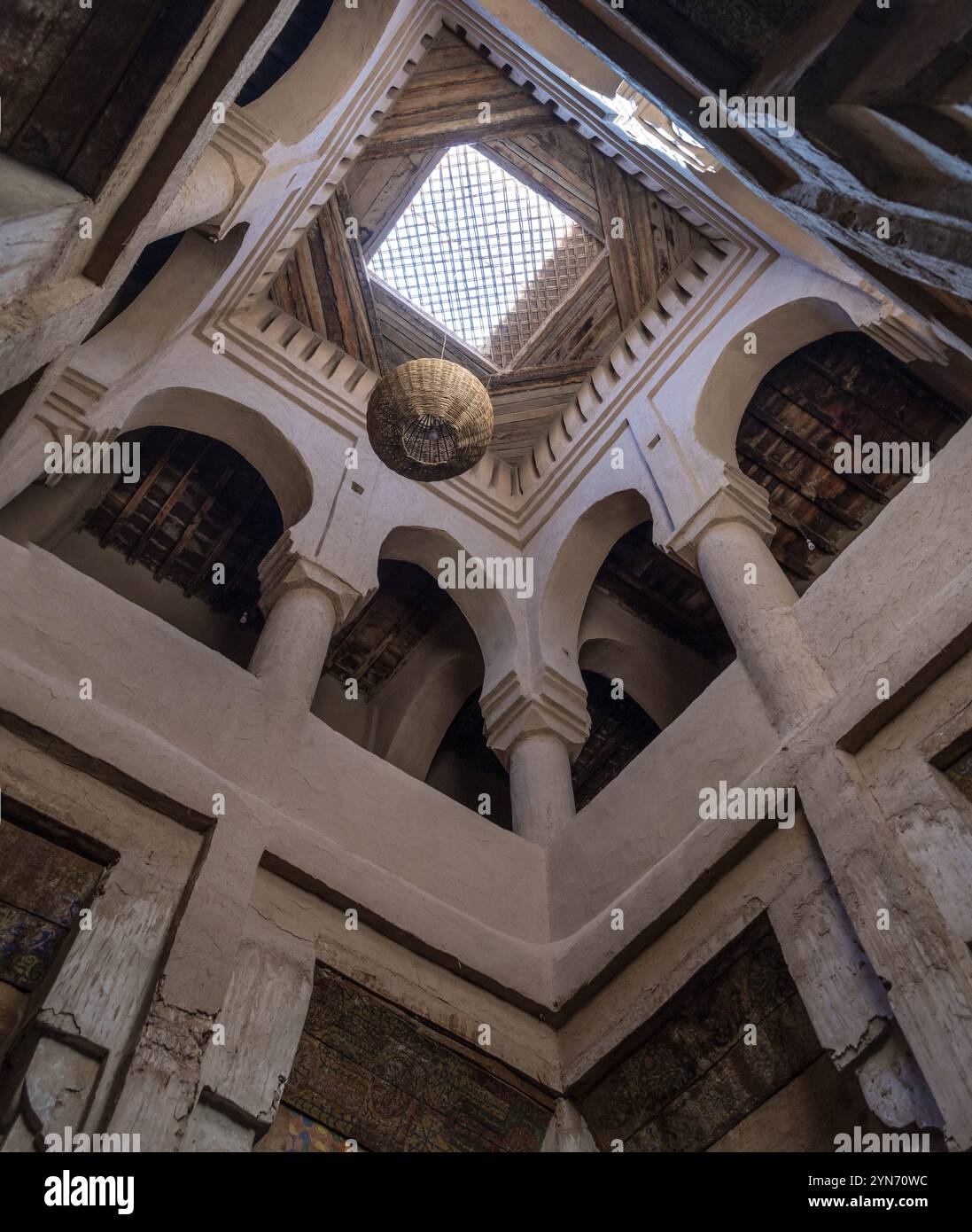 Ornate rebuilt inner courtyard of a typical berber kasbah in the Draa ...
