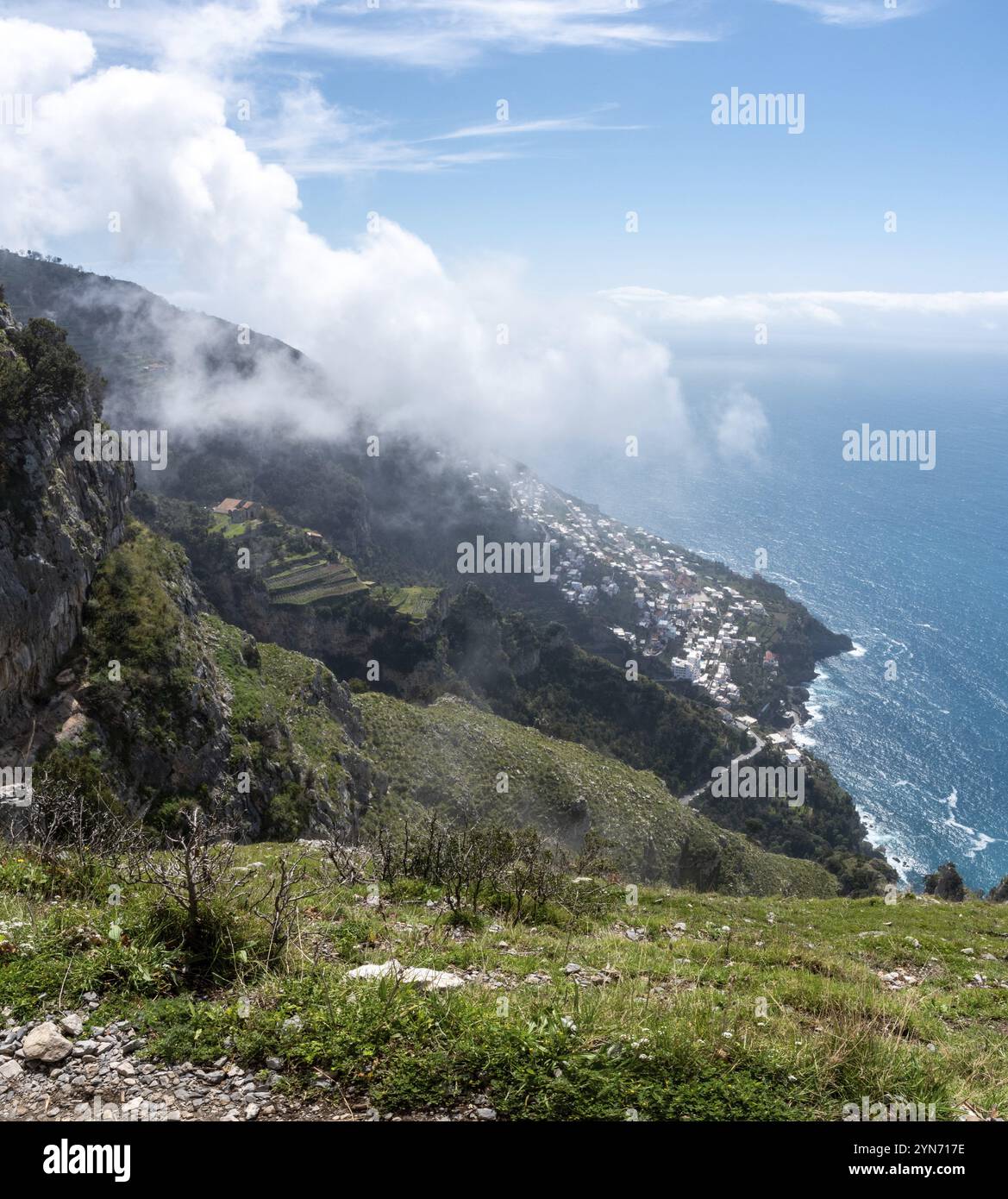 Shoreline of the scenic Amalfi coast from the path of the Gods, Italy ...