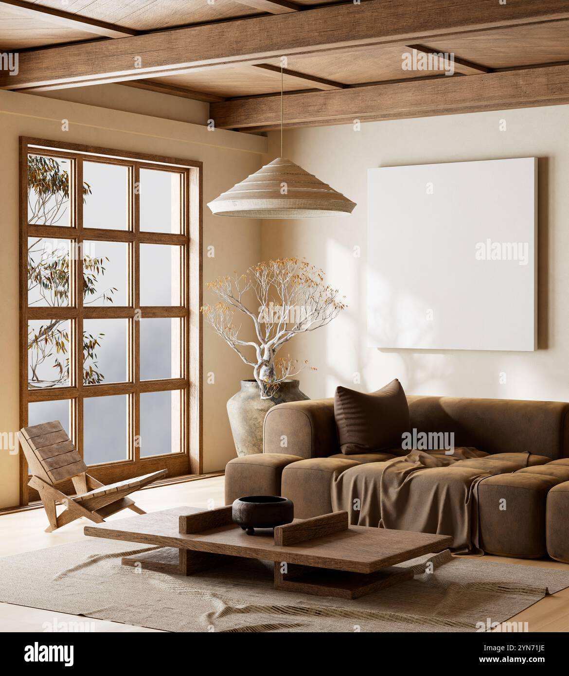 Japanese style interior design with wooden furnitures and raw materials ...