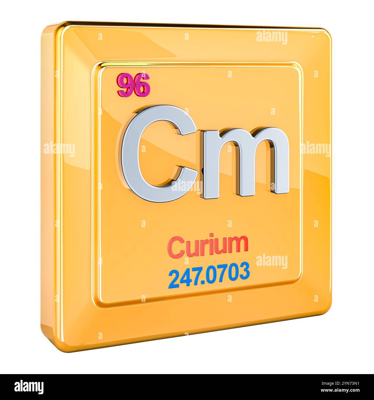 Curium Cm, chemical element sign with number 96 in periodic table. 3D ...